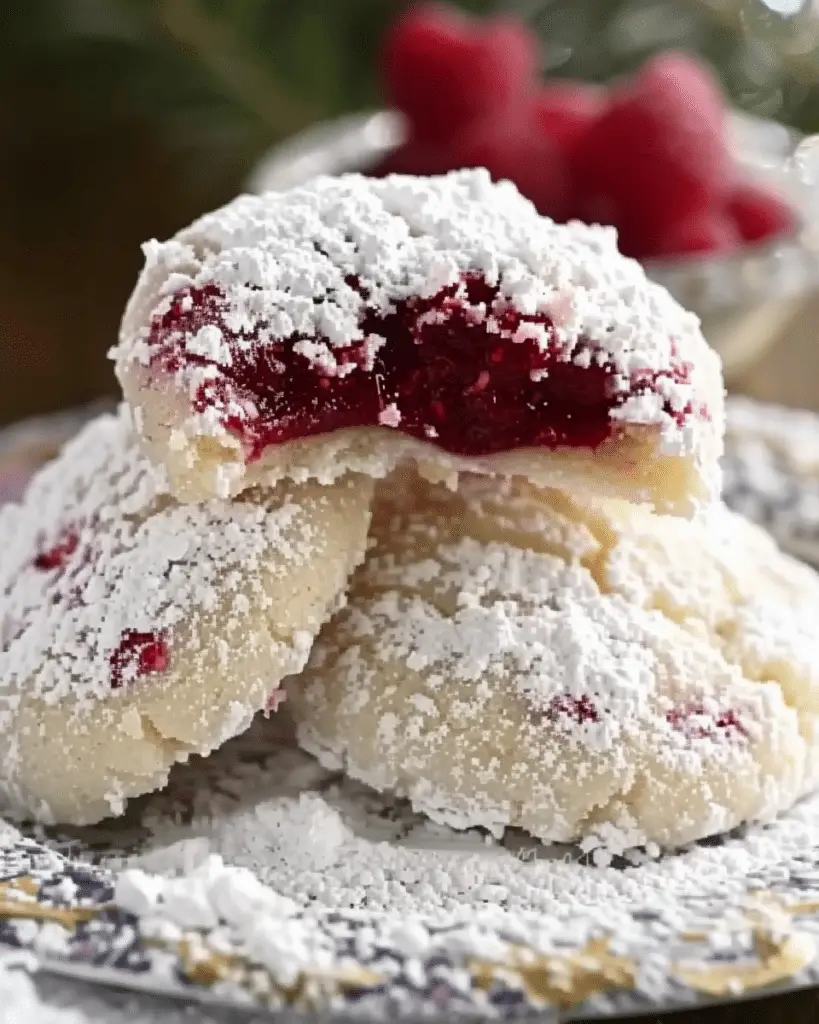 Raspberry-Filled Almond Snow Cookies | CookedByMomy
