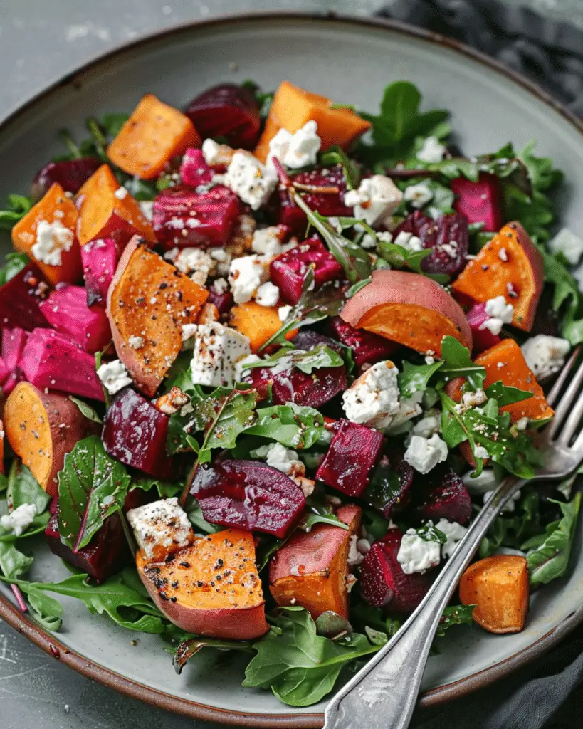 Creamy Roasted Beet Salad with Sweet Potato & Feta | CookedByMomy