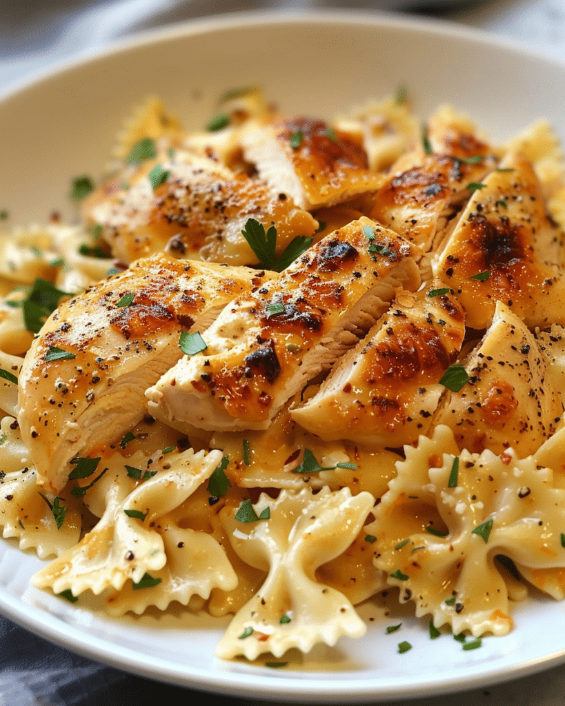 Lemon Garlic Chicken with Creamy Bowtie Pasta | CookedByMomy