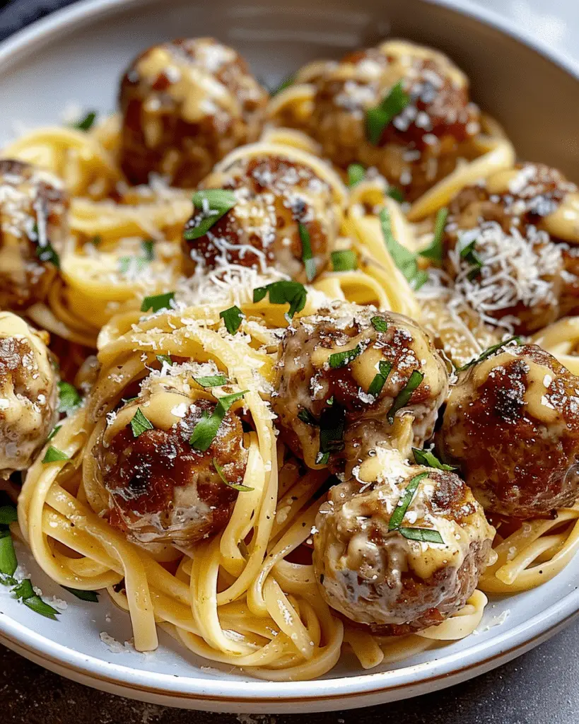 Easy Garlic Butter Meatballs Served Over Creamy Parmesan Linguine ...
