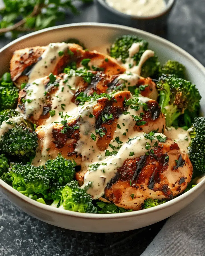 Grilled Chicken & Broccoli Bowls with Creamy Garlic Sauce | CookedByMomy