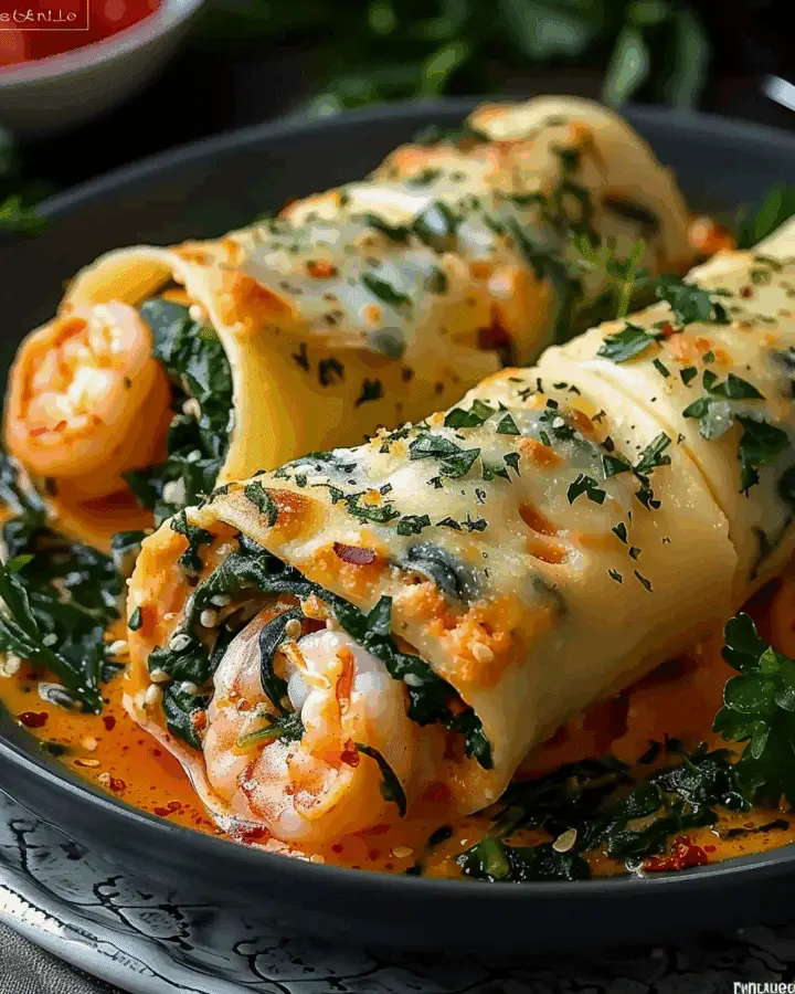 Shrimp & Spinach Stuffed Pasta Rolls with Roasted Red Pepper Cream ...